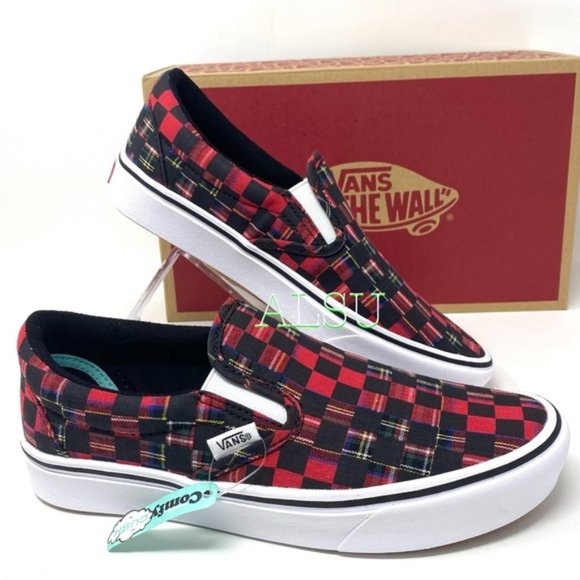 Vans | Shoes | Vans Comfycush Slip On Canvas Plaid Check Red Shoes ...